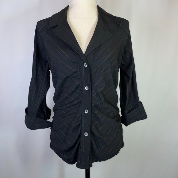 Farinaz Taghavi | Tops | Farinaz Taghavi Ruched Blouse Size 2 Black Sheer Stripes Abalone Button ...